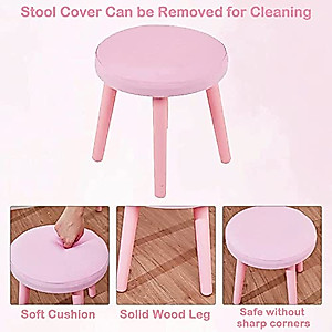 Vabches Kids Vanity Set with Mirror and Stool, Children Makeup Dressing Table with Lights, Princess Vanity Table for Toddlers, Pink