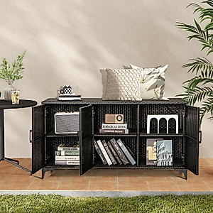 Giantex 84-Gallon Wicker Deck Box - Patio Storage Cabinet, 3-Door PE Rattan Storage Container with Removable Shelves, Indoor & Outdoor Package Box for Porch, Patio Furniture Cushions Tools (Black)