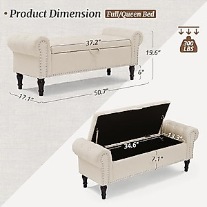 Cozyman Storage Bench, 50” Queen Linen Tufted Button End of Bed Bench with Rolled Arm and Nailhead Trim, Upholstered Bedroom Bench, Ottoman Bench for End of Bed, Living room, Entryway, Linen Color