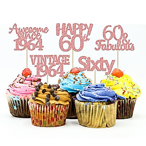 Gyufise 30Pcs Rose Gold Vintage 1964 Cupcake Toppers Number 60 Cheers to 60 Fabulous Sixty Cupcake Picks 60th Birthday Wedding Anniversary Party Cake Decorations Supplies