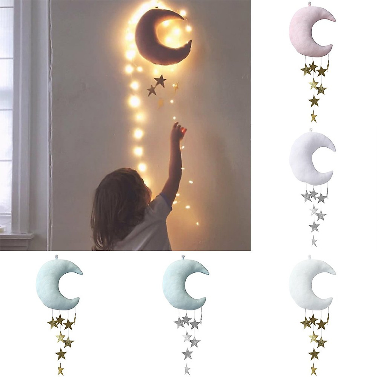 Braceus Wall Backdrop Children Room Hanging Moon Stars Stuffed Decor for Baby Bedroom (Pink + Silver)