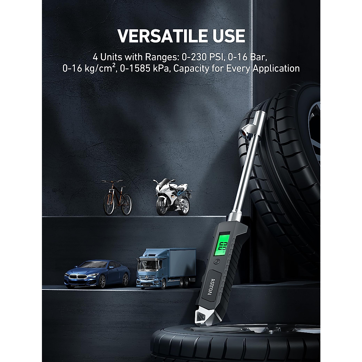 AstroAI Digital Tire Pressure Gauge 230 PSI Heavy Duty Dual Head Stainless Steel Made for Truck and RV with Backlit LCD and Flashlight Car Accessories