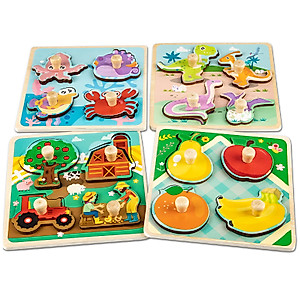 Funsland Wooden Peg Puzzles 4 Pcs Animal Patterns Puzzles Infant Fine Motor Skill Wood Puzzle Set for 1 2 3 Years Old