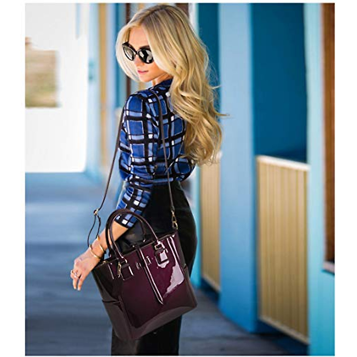 Yan Show Women's New Zipper Bag 3PCS Handbags Patent Leather Fashion Shoulder Bag Large Capacity Handbag, Blue