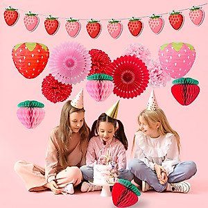 Strawberry Party Decorations Strawberry Hanging Banner Red Pink Tissue Pom Poms Fans Honeycomb Balls Lanterns for Berry Sweet Fruits 1st Birthday Bridal Baby Shower Decorations Supplies