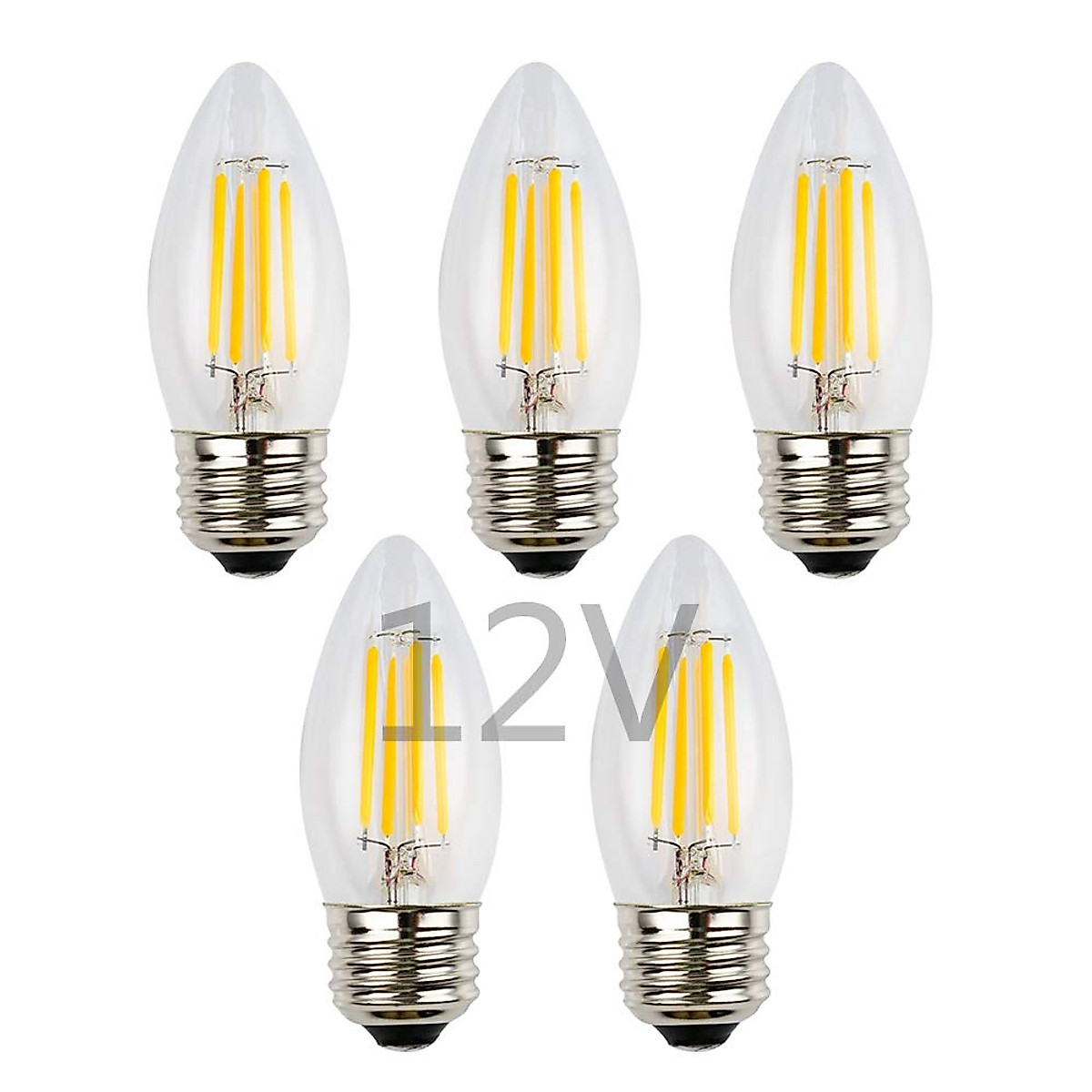 OPALRAY 4W Low Voltage DC/AC 12V LED Bulb, Dimmable with DC Dimmer, E26 Medium Base, Warm White Light, Clear Glass Torpedo Tip, 400Lm 40W Incandescent Equivalent, 12V-24V DC Power Input, 5 Pack