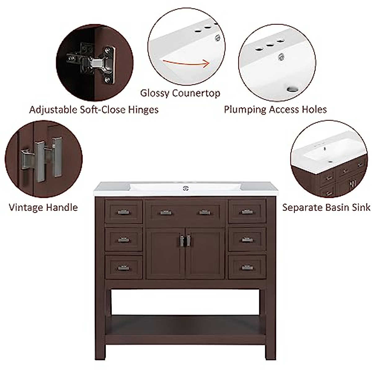 VKKILPEE 36'' Freestanding Bathroom Vanity Set Bathroom Vanity with Top Sink, Bath Vanity Storage Cabinet with 6 Drawers & 2 Soft Closing Doors, Modern Bathroom Vanity and Sink Combo, Brown