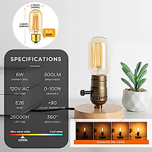Sphoon Amber Light Bulb,Dimmable Tubular led Bulb, T45 Edison LED Bulbs, 60W Equivalent, 6W 500lm, 2200K Warm White, LED Filament Bulbs with 80+ CRI, Pack of 2