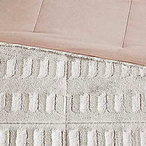 Madison Park Soft Plush Comforter Long Faux Fur Design, Mid Century, Modern All Season Down Alternative Bedding Set with Matching Sham, Full/Queen, Gia, Natural/Blush 3 Piece