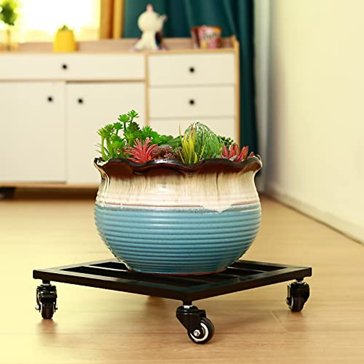 Large Metal Square Plant Caddy with Wheels 13.6” Iron Wrought Rolling Plant Stand with Casters Heavy-Duty Plant Dolly for Indoor and Outdoor Plant Pot Roller Base Square Plant Movers, Glossy Black