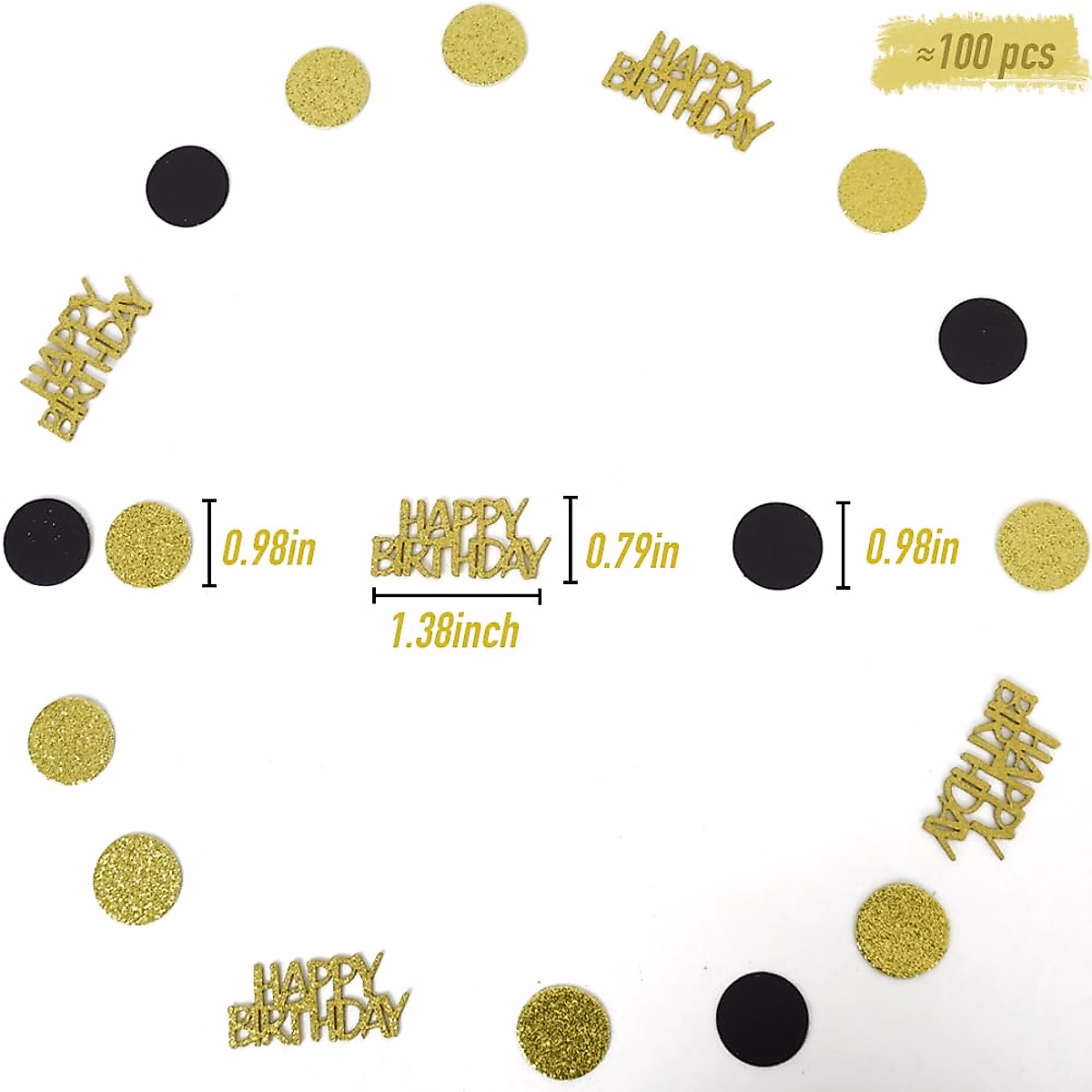 Happy Birthday Confetti, Glitter Gold and Black Birthday Table Scatter Confetti, Polka Dot, Circle Dots Paper Confetti, Birthday Party Decorations for Table Bed Balloon (100 PCS)
