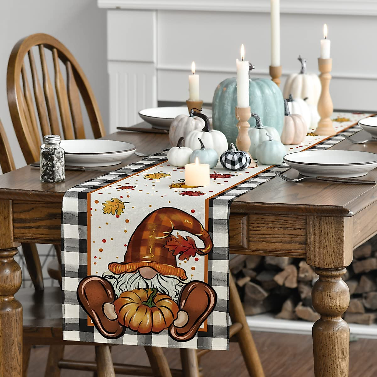 Artoid Mode Buffalo Plaid Gnome Pumpkin Maple Leaves Fall Table Runner, Autumn Kitchen Dining Table Decoration for Indoor Outdoor Home Party 13x72 Inch