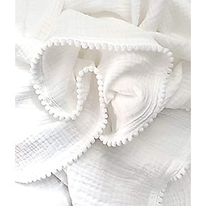 JH-YiSheng Cotton Muslin Pompom Baby Blanket,Summer Bed Sheet,Cotton Bath Towel Baby Receiving Blanket 29.5"x40" (White)