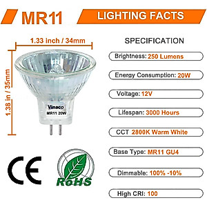 Vinaco MR11 GU4 Halogen Bulb, 6 Pack Long Lasting MR11 12V 20W，MR11 GZ4 Dimmable with 2800K Warm White, MR11 Bulb with GU4 Base, MR11 Halogen Bulb for Landscape, Accent, Track Lights & Fiber Optics