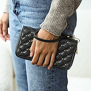 Quilted Wristlet - Double Zipper Stud Wallets for Women - Large Capacity Purse Organizer Clutch (Black)