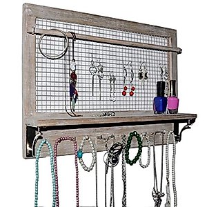 Spiretro Jewelry Organizer, Wall Mount Jewelry Holder Rack with Hooks Shelf and Removable Rod, Hanging Earrings Necklaces Bracelets Rings, Storage Accessories, Rustic Wood_Grey