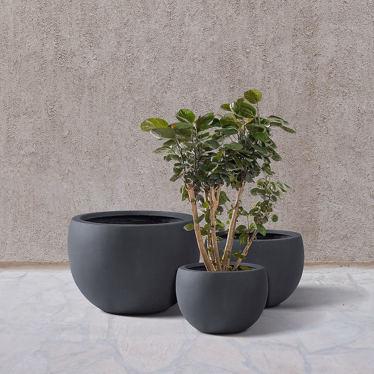 Kante 19.9",15.7",11.8" Dia Round Concrete Planter Set of 3, Outdoor/Indoor Large Bowl Plant Pots with Drainage Hole and Rubber Plug for Garden Patio Balcony Home, Charcoal