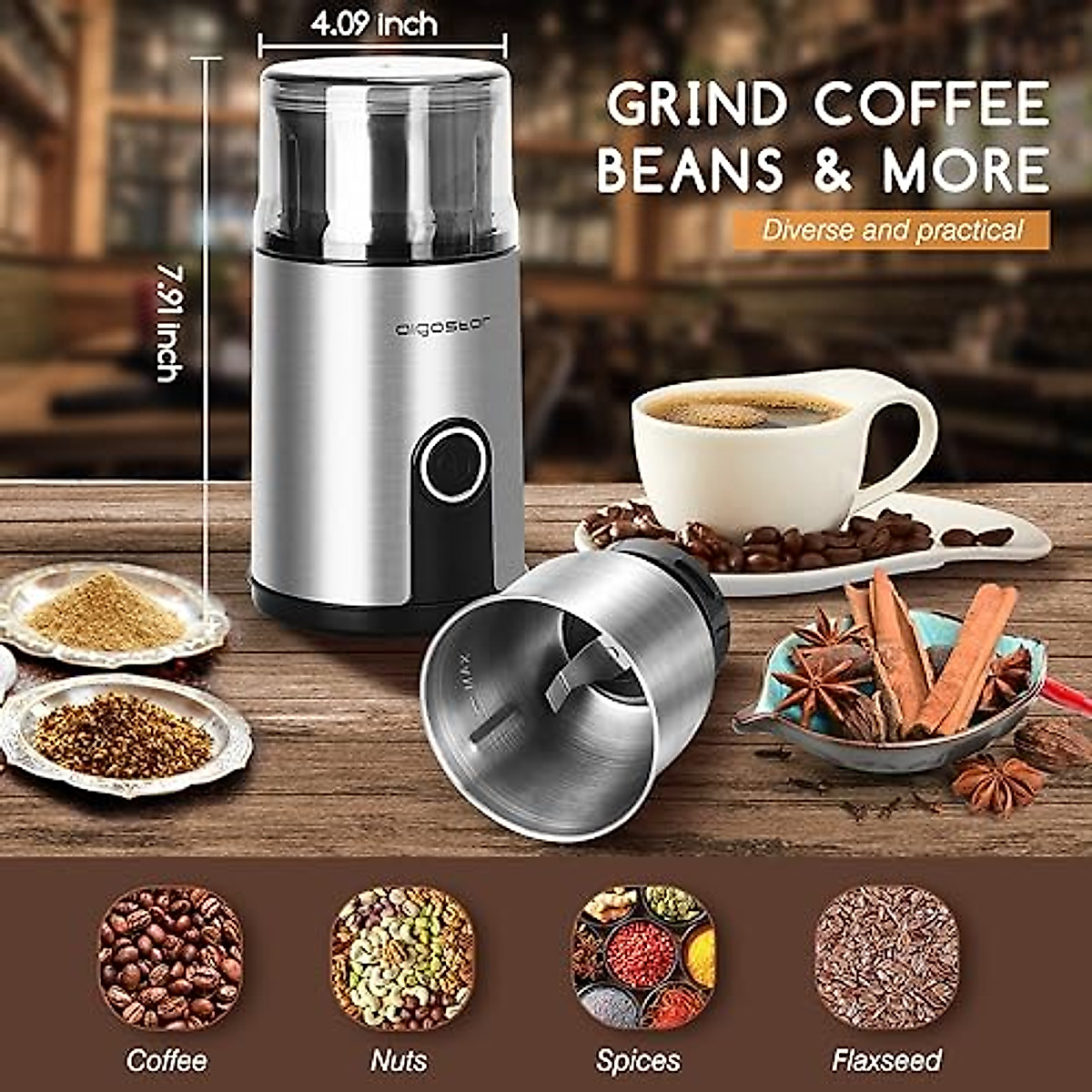 Aigostar Coffee Grinder Electric, 160W Detachable Coffee Bean and Spice Grinders, Stainless Steel Blade & Removable Bowl, Easy Cleaning, 2.6 OZ, Black