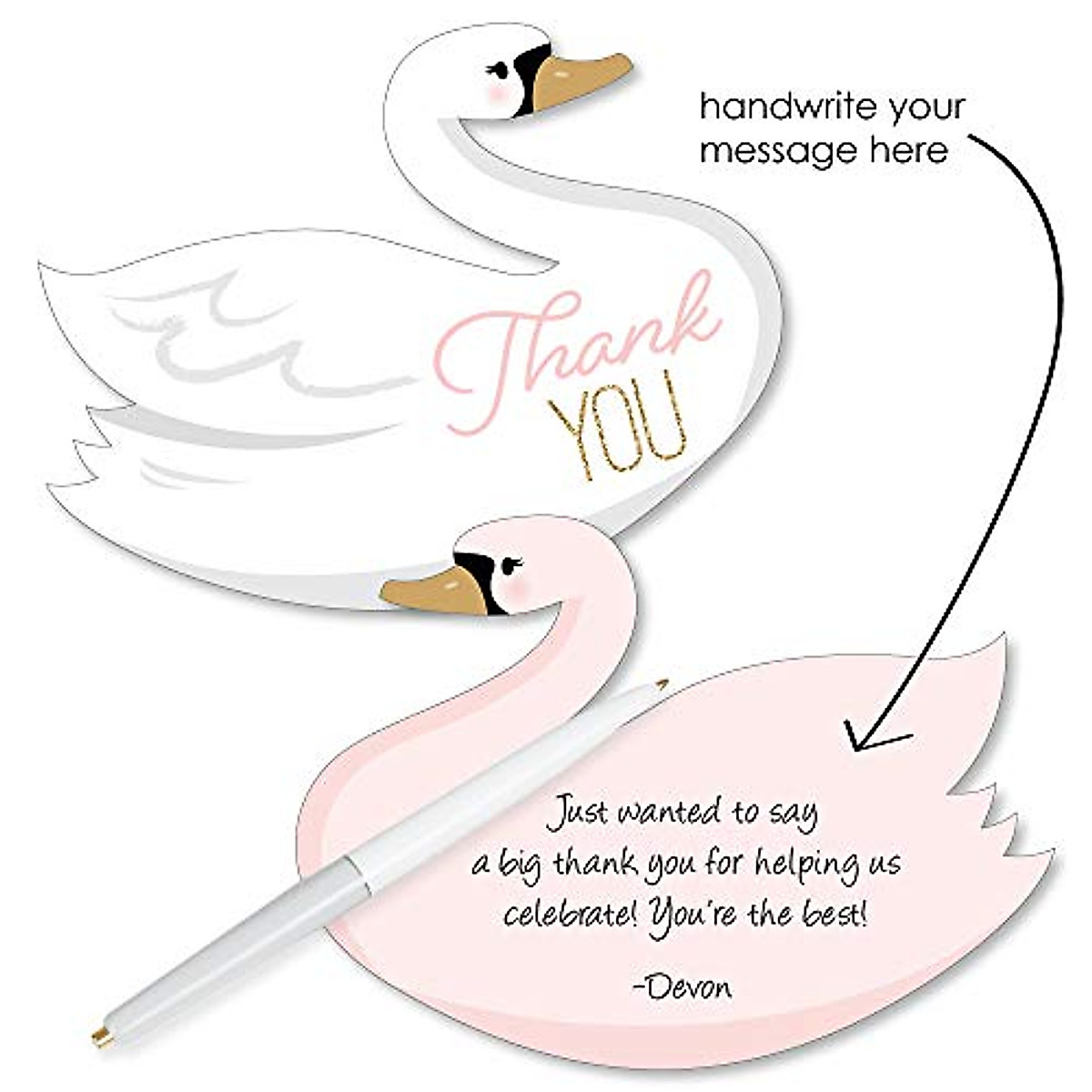 Big Dot of Happiness Swan Soiree - Shaped White Baby Shower or Birthday Party Thank You Note Cards with Envelopes - Set of 12