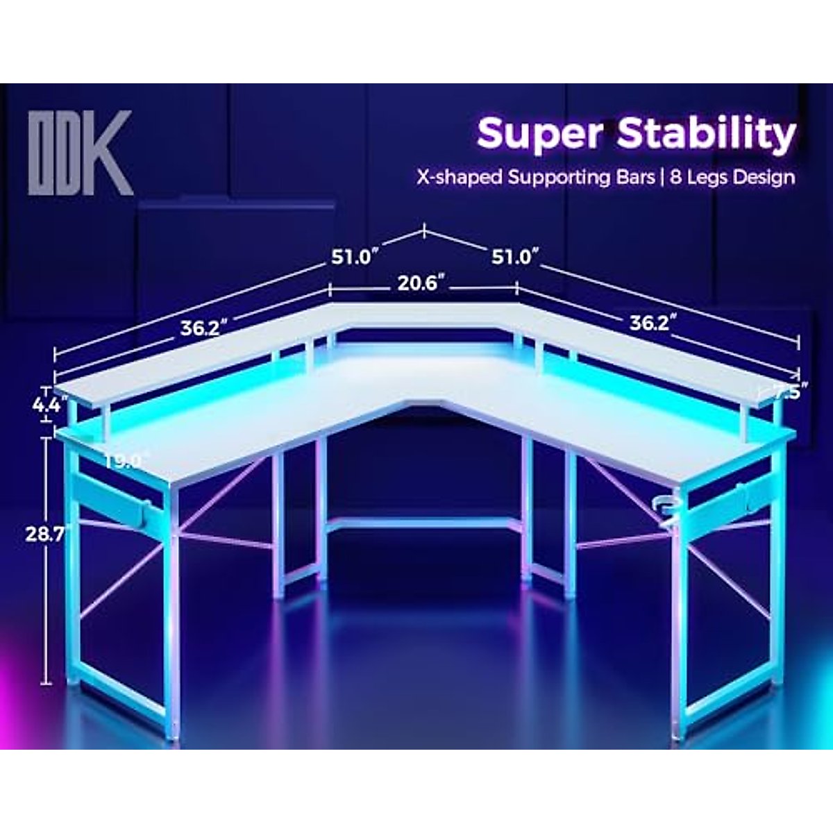 ODK L Shaped Gaming Desk with LED Lights & Power Outlets, 51" Computer Desk with Full Monitor Stand, Corner Desk with Cup Holder, Gaming Table with Hooks, White Carbon Fiber