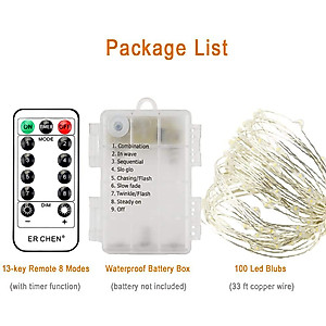 ErChen Battery Operated Silver Copper Wire Led String Lights, 33FT 100 Leds 8 Modes dimmable Waterproof Fairy Lights with Remote Control Timer for Indoor Outdoor Wedding Bedroom (Red)