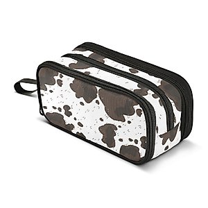 ZAZYXTJ Cow Print Large Capacity Pencil Case 3 Compartment Pen Pouch Storage Canvas Makeup Bag for School Office Teen Girl Boy Men Women