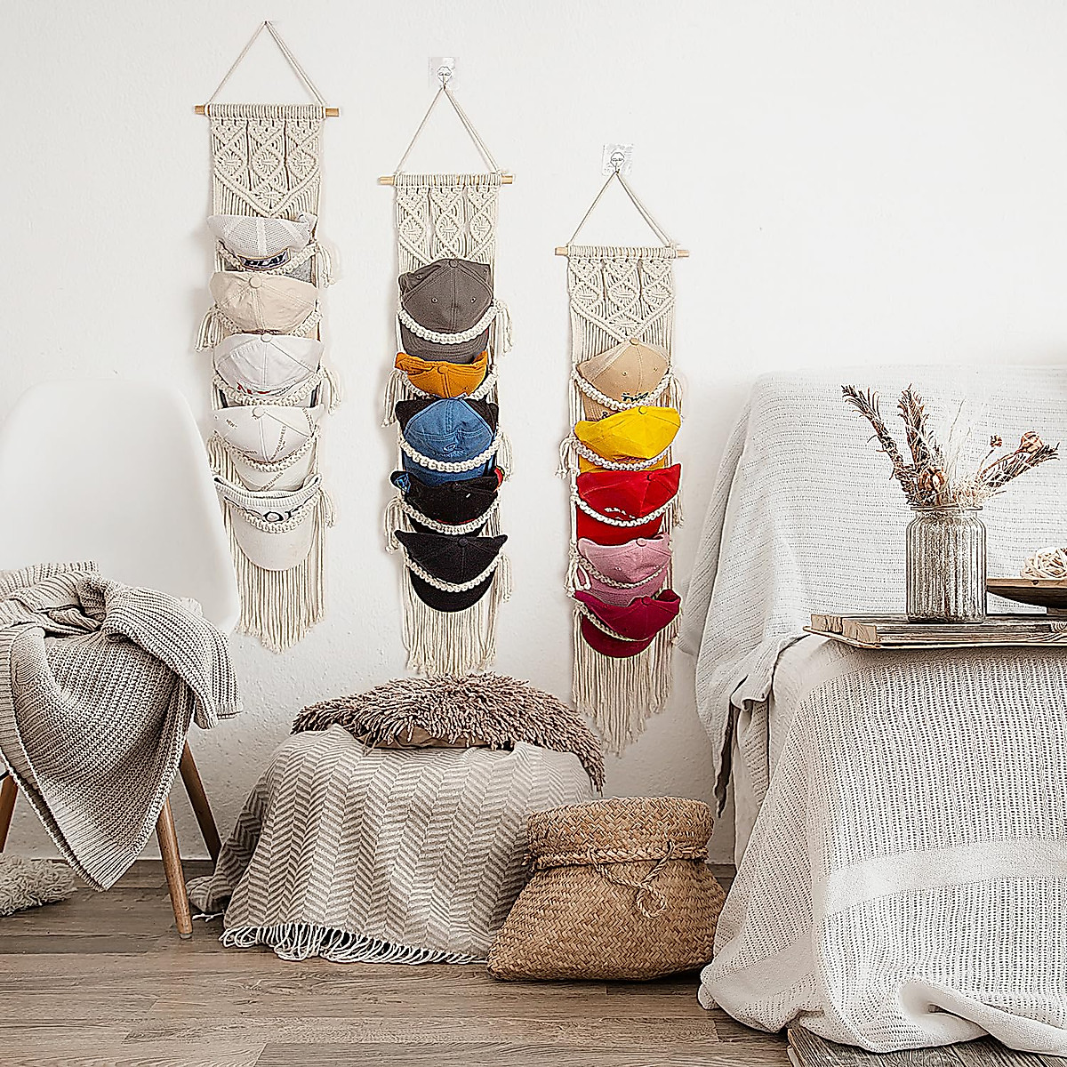 Boho Baseball Cap Hanger-1 Pack-Macrame Hat Organizer for Ball Caps Holder Over Door, Hat Rack for Wall, Cap Rack for Decoration and Display, Boho Handmade Cap Display