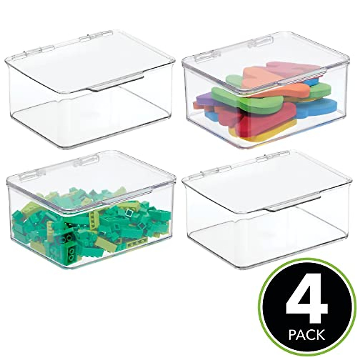 mDesign Plastic Playroom and Gaming Storage Organizer Box Containers with Hinged Lid for Shelves or Cubbies, Holds Small Toys, Building Blocks, Puzzles, Markers, Controllers, or Crayons, 4 Pack, Clear