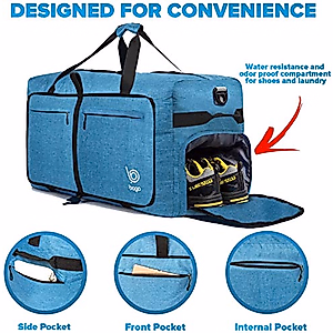 Bago Large Foldable Duffel Bags for Traveling Women & Men - 100L Packable Duffle Bag for Travel with Shoe Compartment - Water Repellant, Heavy Duty, Lightweight Folding & Collapsible (SnowBlue)