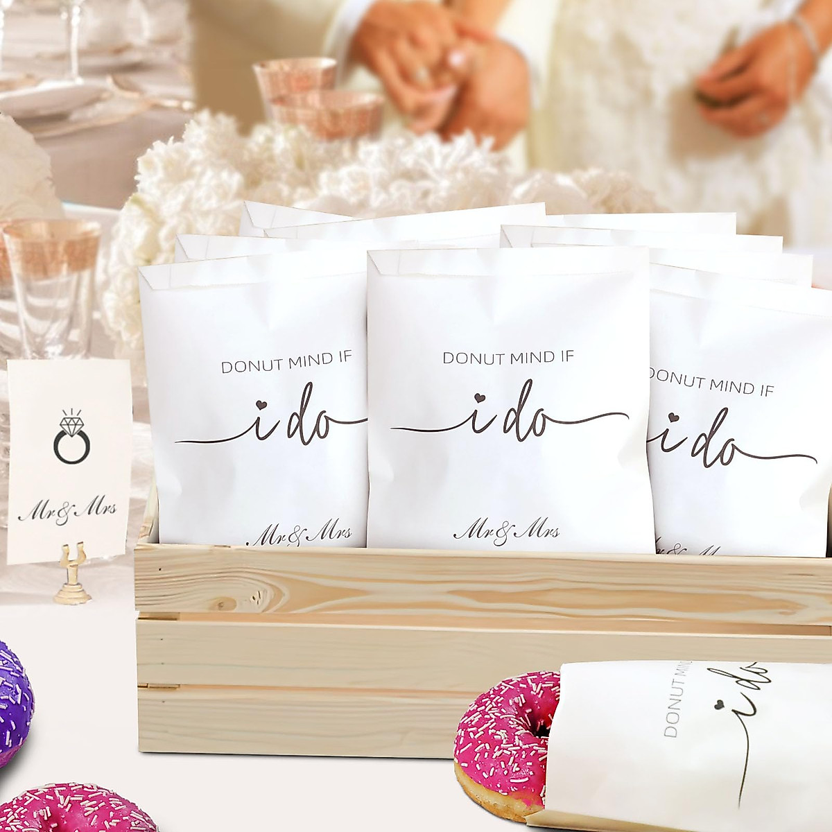 Tyndallrays 48Pcs Donut Mind If I Do Wedding Favor Bags,Donut Favor Goody Snack Treat Grease Resistant Bags for Engagement Wedding Bridal Shower Party Decorations Supplies