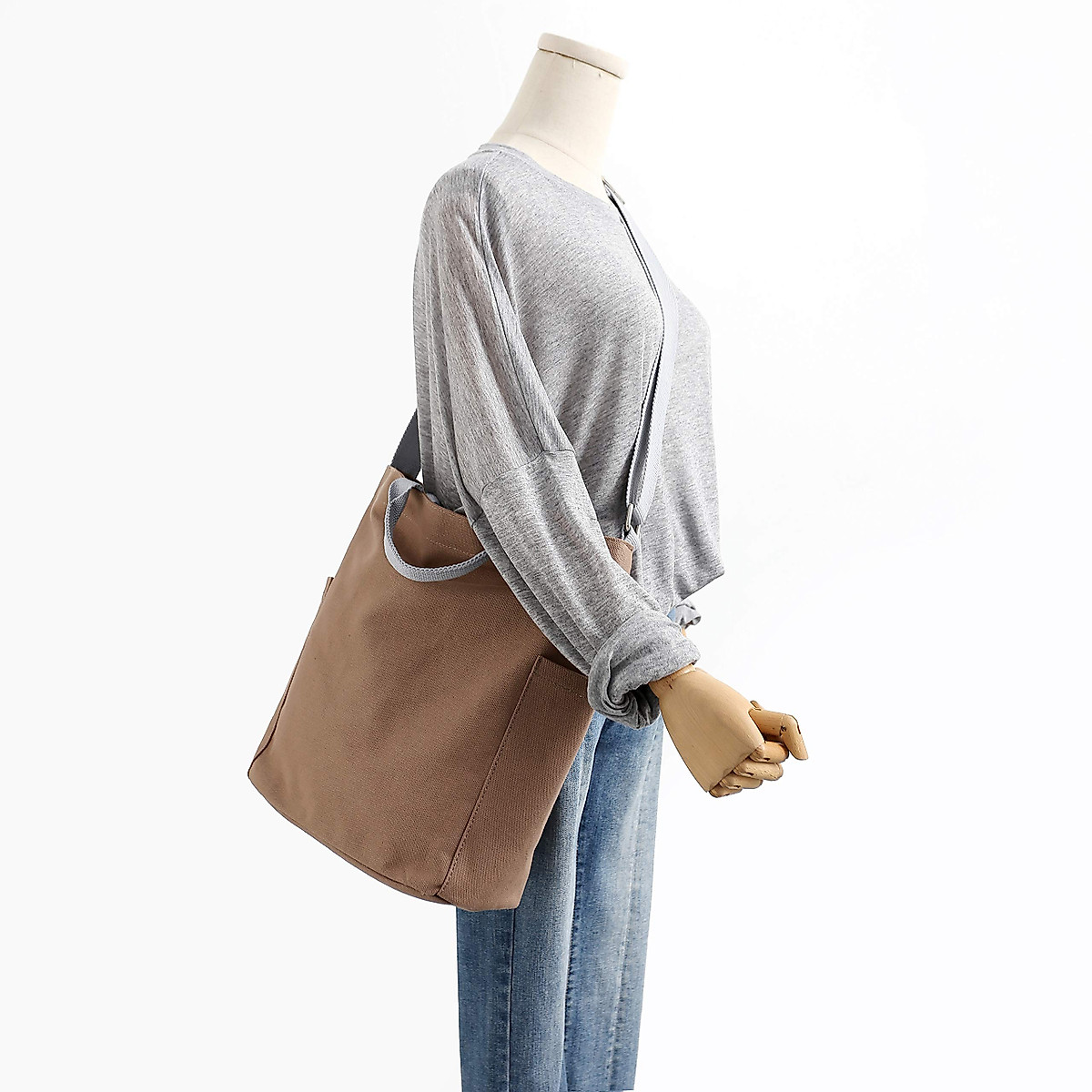 Jeelow Canvas Market Tote HandBag Crossbody Shoulder Bag Purse For Men & Women With Zipper (Brown Tote)