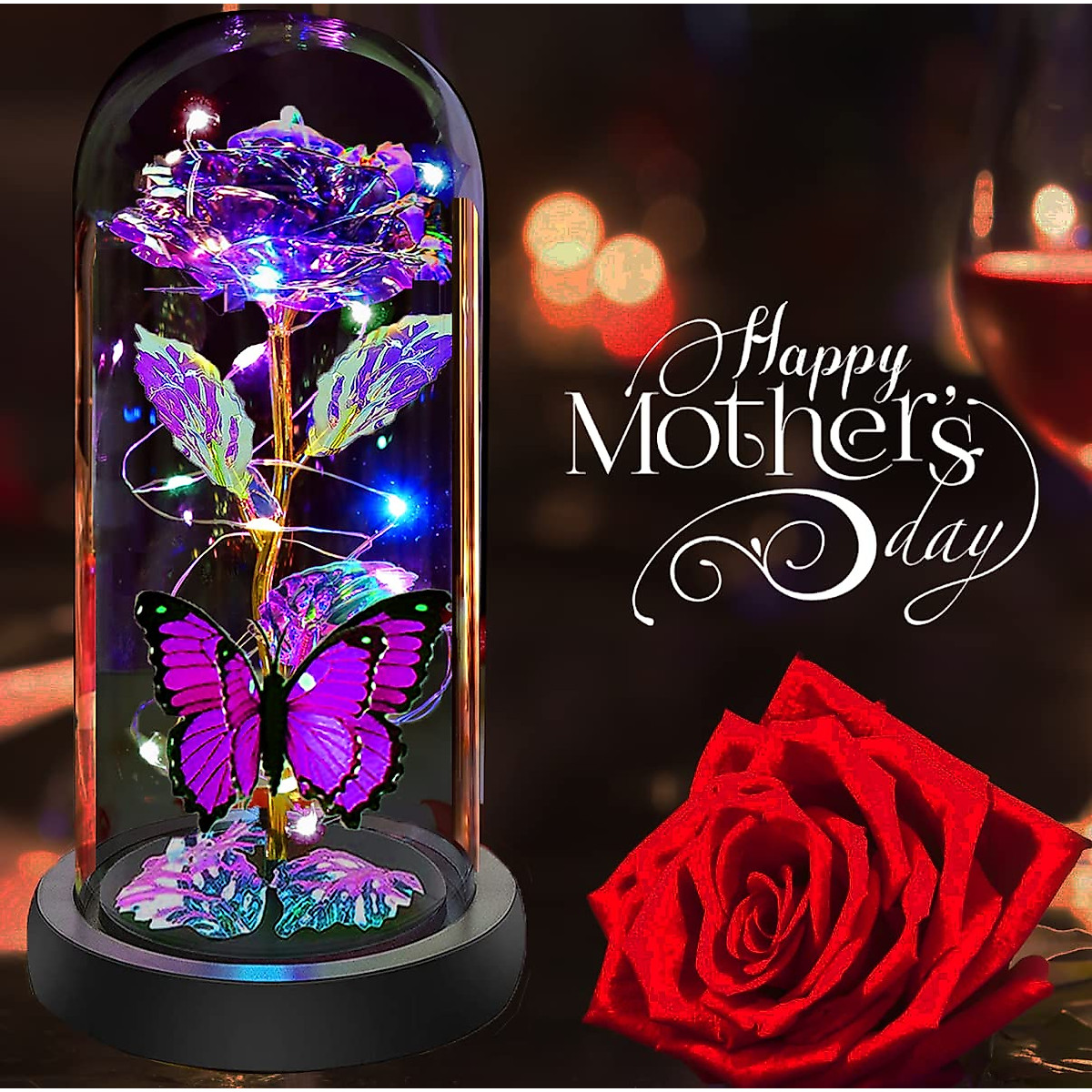 Mothers Day Flowers Gifts Mom, Rose Flower Mom Gifts Wife Grandma Her, Galaxy Crystal Light Up Rose Flowers in A Glass Dome Purple, Mother Day Presents from Daughter Butterfly Birthday Gifts for Women