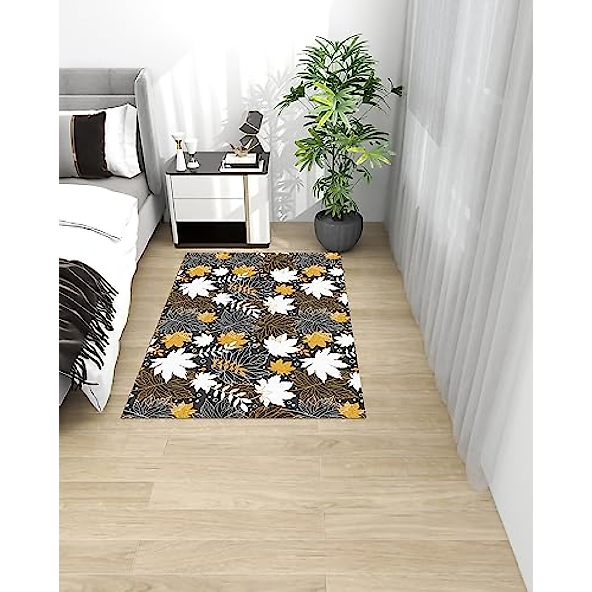 Autumn Maple Leaves Large Rectangular Area Rugs 5' x 7' Living Room, Yellow White Gold Leaf Black Backdrop Durable Non Slip Rug Carpet Floor Mat for Bedroom Bedside Outdoor