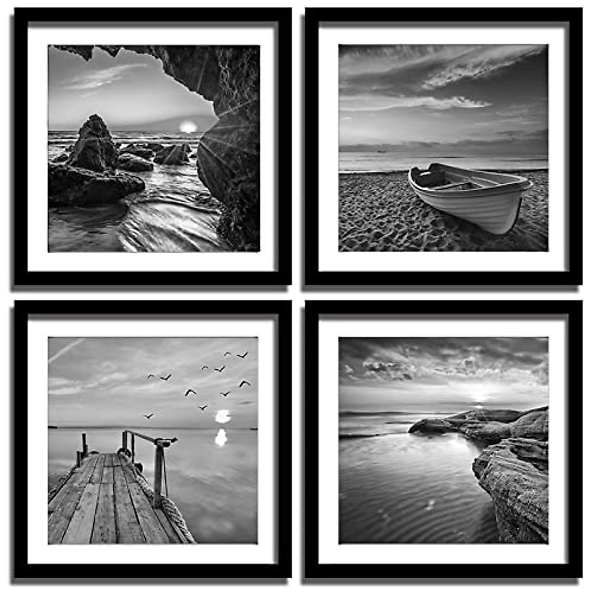 HZSYF Black And White Wall Art - 12x12 Inches Sea And Beach In Sunrise Prints Wooden Framed Pictures Seascape Artwork 4 Panels 12 x 12 Inch