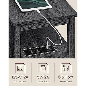 VASAGLE Side Table with Charging Station, Narrow Nightstand with 2 Drawers, Living Room End Table with Storage, for Small Spaces, Coastal Style, Charcoal Gray ULET322B22