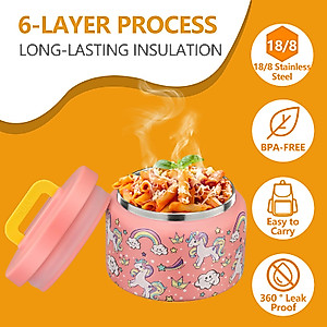 PIQUEBAR 8oz Kids Thermos for Hot Food,Small Lunch Thermos Food Container Stainless Steel,Easy Open Wide Mouth Thermo for Hot Cold Food for Preschool Travel (Pink Unicorns)