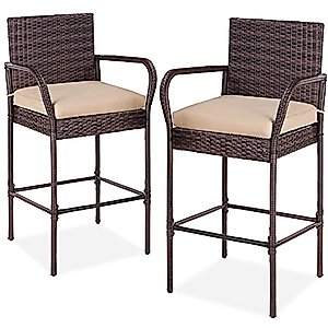 Best Choice Products Set of 2 Wicker Bar Stools, Indoor Outdoor Bar Height Chairs w/Cushion, Footrests, Armrests for Backyard, Patio, Pool, Garden, Deck - Brown