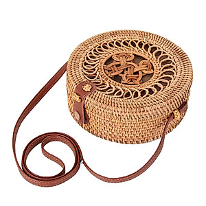 RIANGIE Beach Bag for Women Boho Bag Crossbody Purse Rattan Handwoven Round with Leather Strap