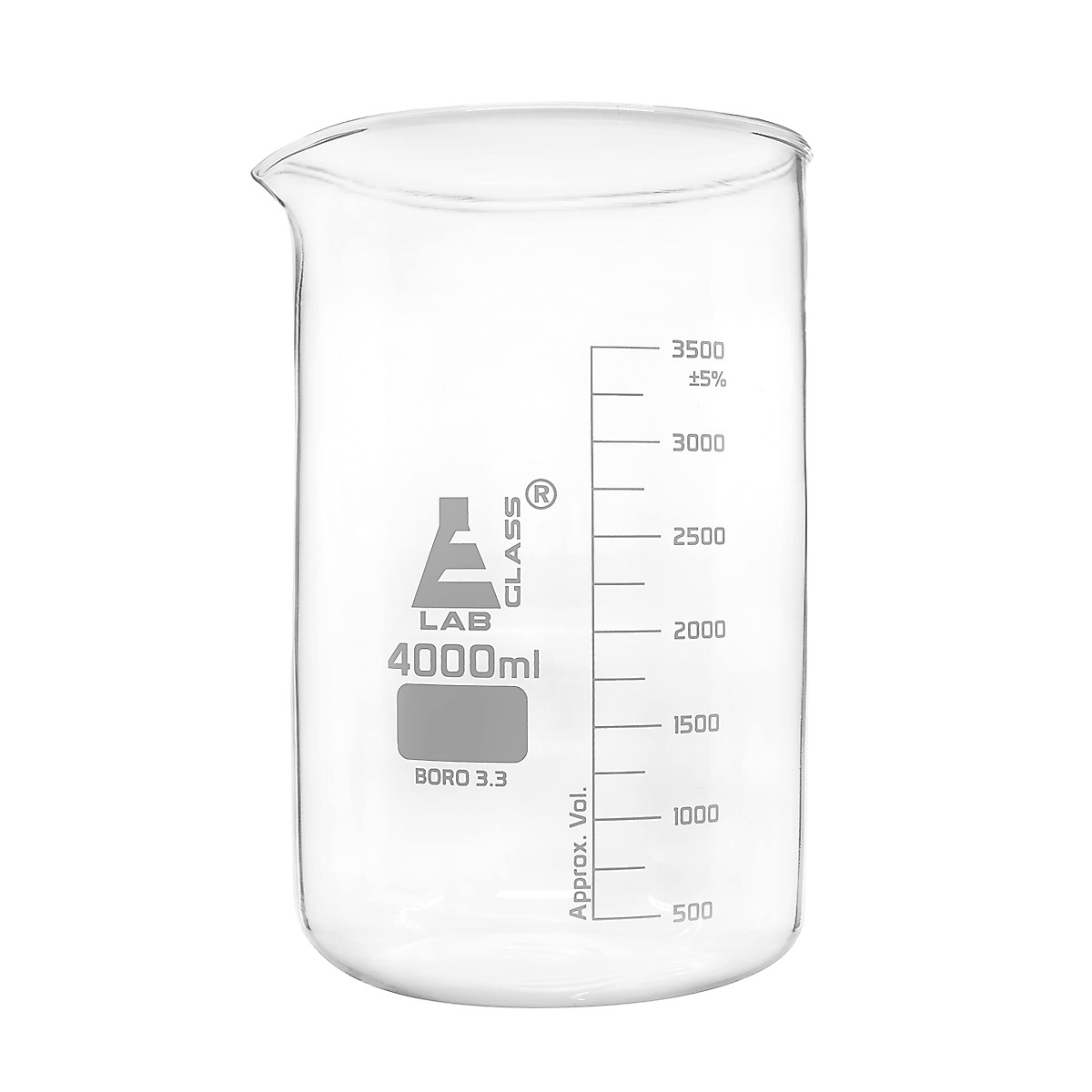 EISCO Beaker, 4000mL - Low Form with Spout - White, 500mL Graduations - Borosilicate 3.3 Glass