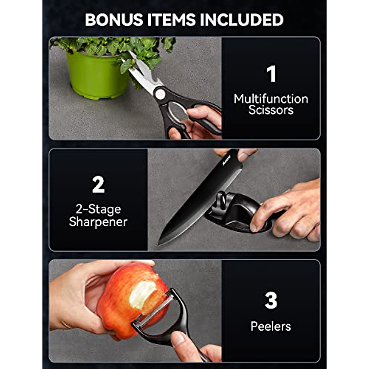 MIDONE Knife Set, 17 Pieces German Stainless Steel Kitchen Knife Set, Include Kitchen Accessories, Black