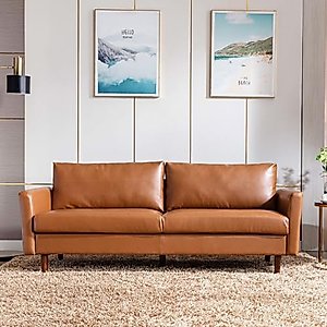 Dreamsir 80'' Faux Leather Sofa, Mid-Century Modern Loveseat Couch with Solid Wooden Frame & Padded Cushions, 3-Seater Sofa Couch for Living Room, Apartment, Lounge Room (Brown)