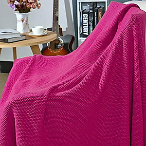 PiccoCasa 100% Cotton Knit Throw Blanket,Solid Lightweight Decorative Throws and Blankets,Soft Knitted Throw Blanket for Sofa Couch, Fuchsia 50" x 60"