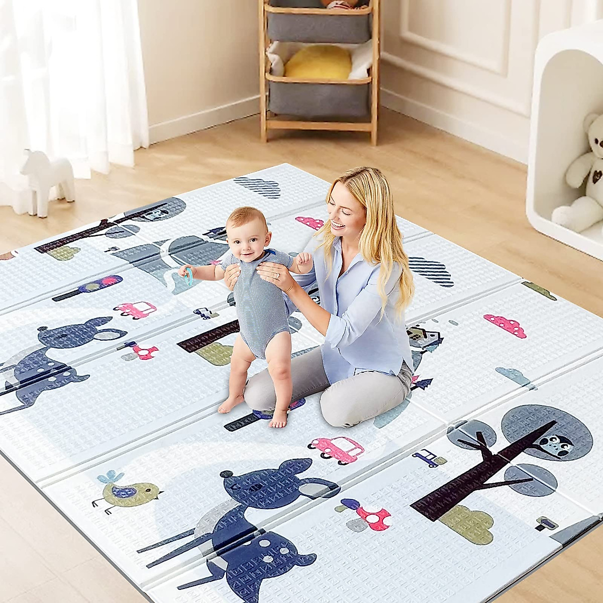 Baby Play Mat 79x71x0.4 Inch, Extra Large Waterproof Foldable Play Mat for Floor, Reversible Thickened Foam Activity Playmat for Babies, Toddlers, Kids, Safe Anti-Slip Tummy Time Baby Crawling Mat