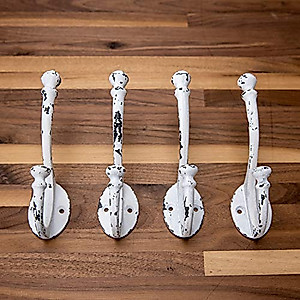 Vintage Cast Iron Wall Hooks (Antique White Finish, Set of 4) - Rustic, Farmhouse, Shabby Chic, French Country Coat Hooks | Great for Coats, Bags, Towels, Hats | Heritage Select