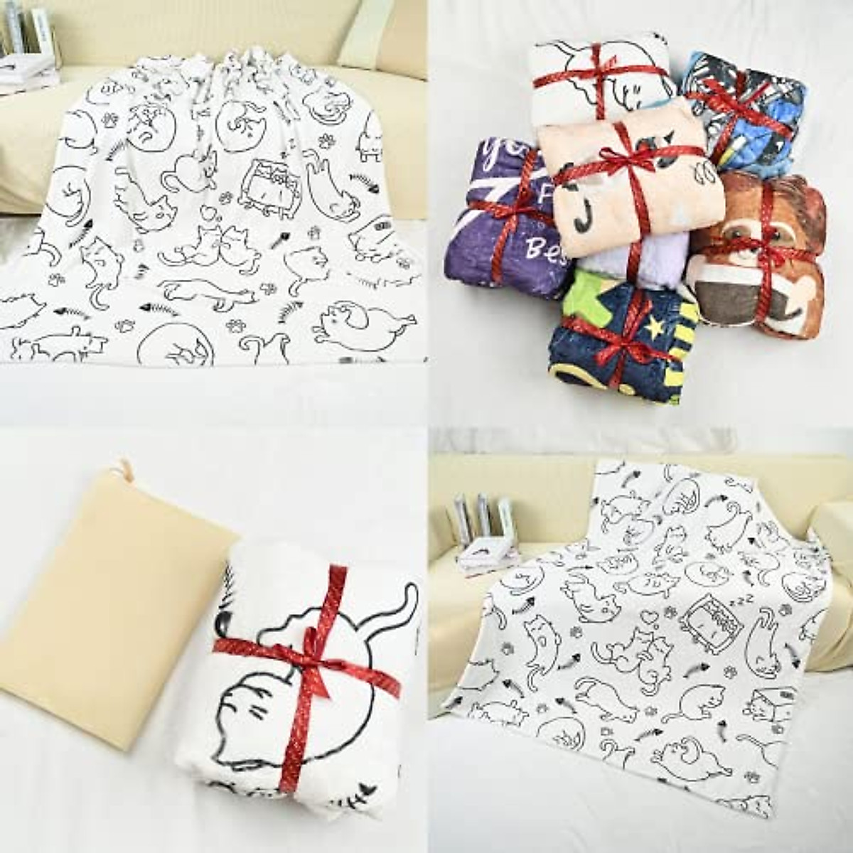 Cat Throw Blanket for Cat Lovers Cute Cat Flannel Fleece Blankets for Kids Adults Kawaii Simple Cat Print Lightweight Fuzzy Blanket Soft White Blanket for Couch Sofa Bed Birthday Gifts, 50''x60''