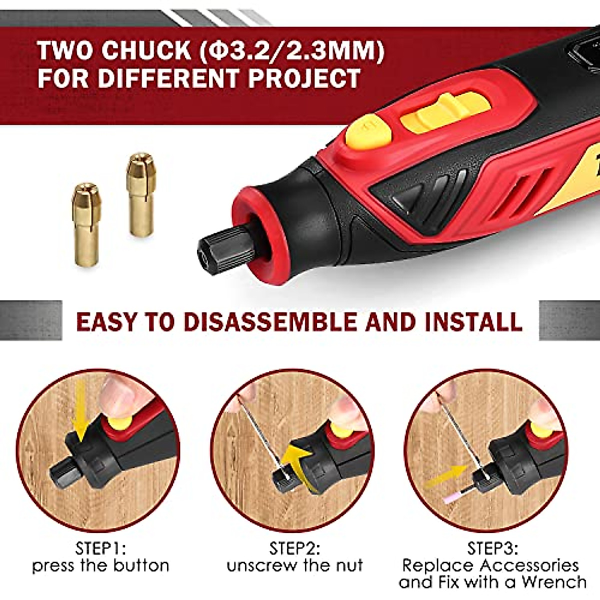 4V Cordless Rotary Tool, 5-Speed 25000RPM TECCPO Mini Power Rotary Tool with 53 Accessories, Rechargeable Rotary Tool for Grinding, Polishing, Wood Carving, Engraving, Soft Metal Drilling, Cutting