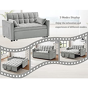 Velvet Pull Out Sleeper Sofa Bed, Convertible Futon Sofa Bed with Reclining Back, Modern Pullout Couch with 2 Pillows and Pockets, Upholstered Small Loveseat for Living Room, Guest Room, Dorm (Grey)