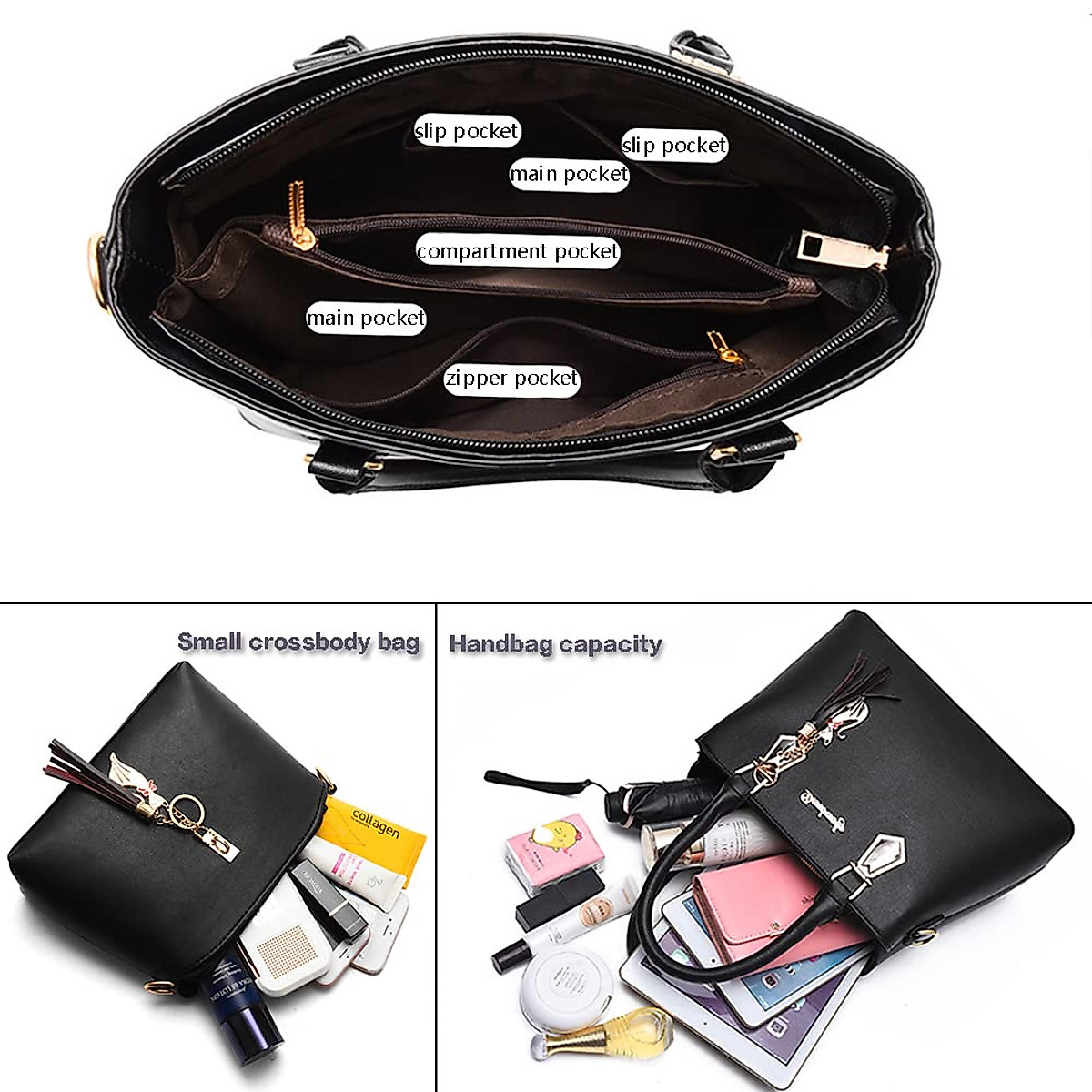 Chikencall Women Top-Handle Purses Leather 2pcs Set Totes Handbag Satchel Shoulder Bag for Ladies with tassel and cat pendant