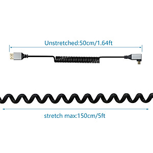 RIIEYOCA 90 Degree Right Angle UHD 4K Micro HDMI Male to HDMI Male 18Gbps High Speed 2.0 Extender Coiled Cable Supports 4K@60Hz,1080p,ARC,3D,for Laptop,DVRs,HDTV,Roku Ultra Stretchable to 1.5M/5FT