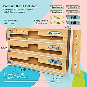 Neat Diva 12" Bamboo Foil Plastic Wrap Organizer Cutter, Plastic Wrap Dispenser Cutter, Tin Foil Organizer Drawer, Bamboo Aluminum Foil Dispenser Cutter, Kitchen Organizer Foil Plastic Wrap (3-in-1)